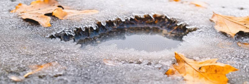 Autumn Leaves on Frozen Puddle with Icicles and Thawing Ice Surface ...