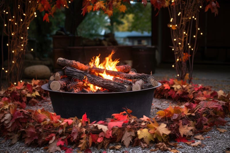 Autumn Leaves Garland Surrounding a Rustic Fire Pit Stock Image - Image ...