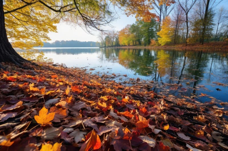 Autumn Leaves Gathered at the Edge of a Lake Stock Image - Image of ...