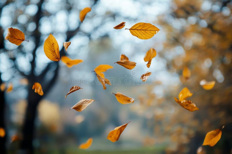 Autumn Leaves Gently Falling through the Air in a Serene Forest Stock ...