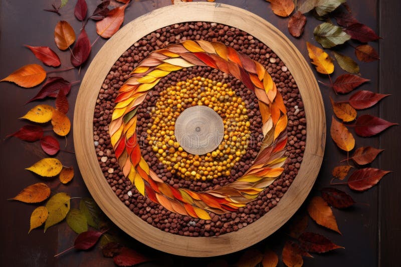 Autumn Leaves Glued in a Circular Pattern on a Natural Wood Slice Stock ...