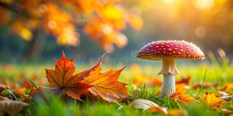 Autumn Leaves on the Grass and a Toadstool Generative AI Stock ...
