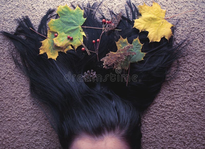 Autumn leaves in hair stock photo. Image of grass, maple - 24749036