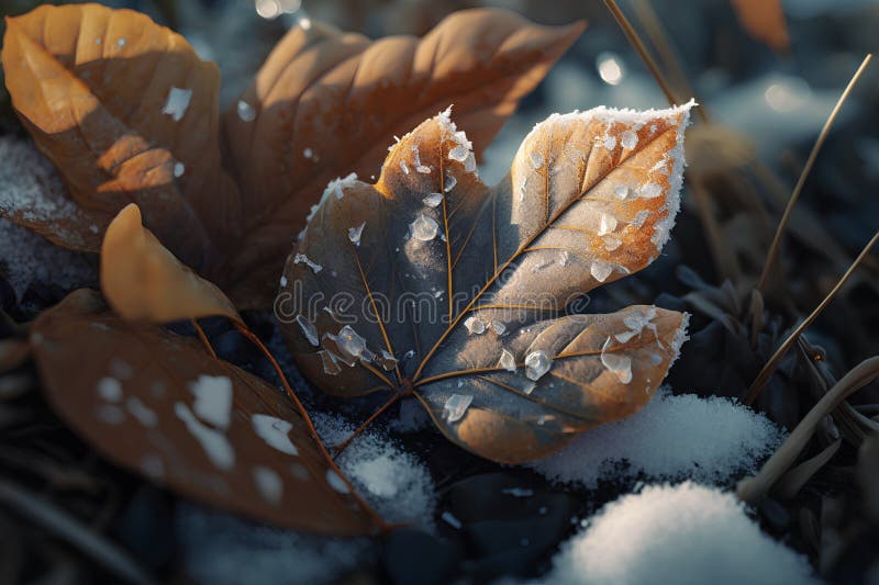 Autumn Leaves with Ice Crystals on the Ground. the First Fall of Winter ...