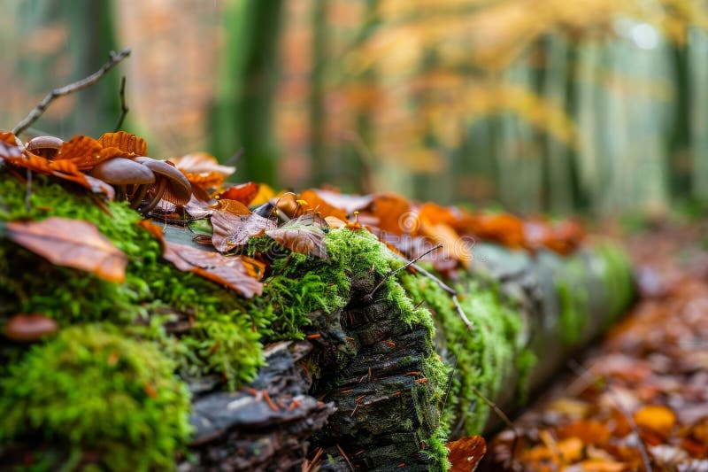 Autumn Leaves on Moss-Covered Log in Forest Stock Illustration ...