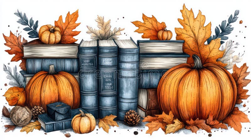 Autumn Leaves and Old Books on Bookshelf in Library, Fall Background ...
