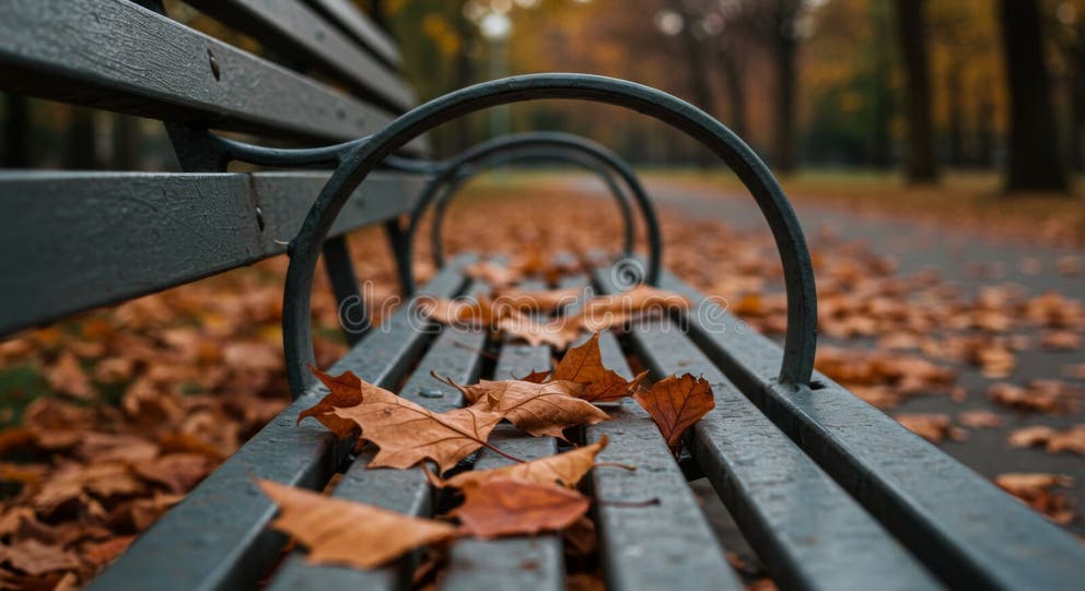 Autumn Leaves on Park Bench Stock Illustration - Illustration of serene ...