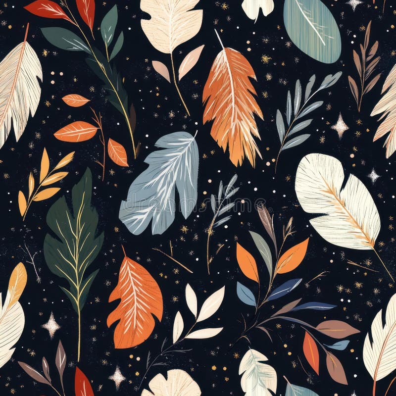 Autumn Leaves Pattern on Dark Background with Stars: Stylish Nature ...