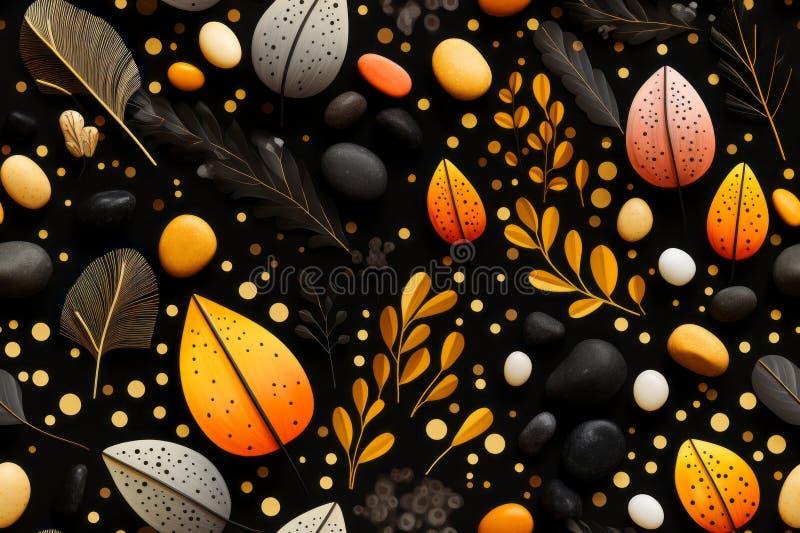 Autumn Leaves and Pebbles on a Black Background Stock Illustration ...