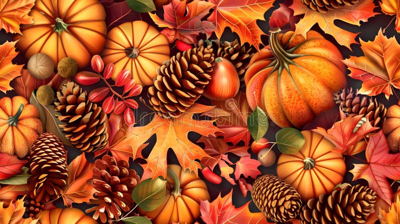 Autumn Leaves, Pumpkins, Cones Seamless Background Stock Illustration ...