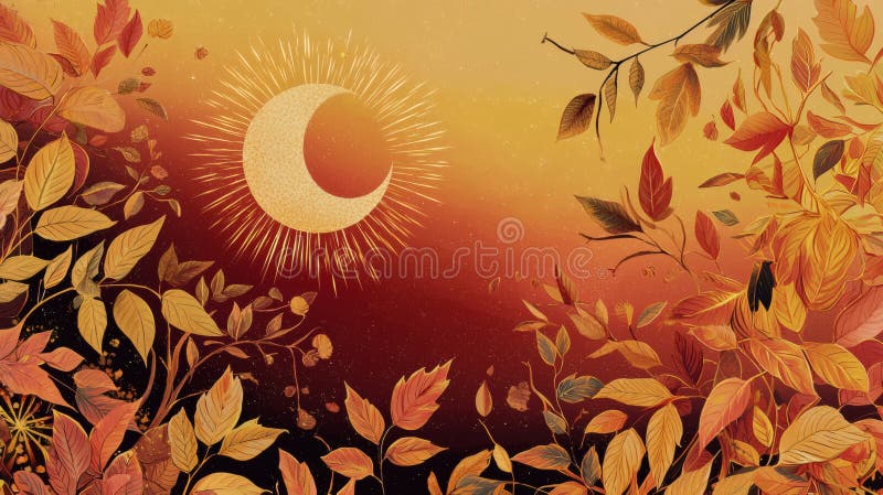 Autumn Leaves and Radiant Crescent Moon on Starry Gradient Sky with ...