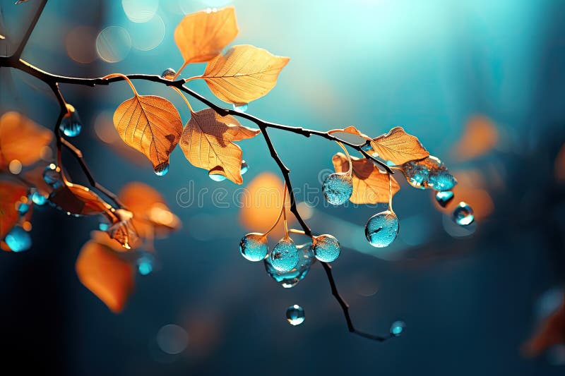Autumn Leaves after Rain on a Blue Background Stock Illustration ...