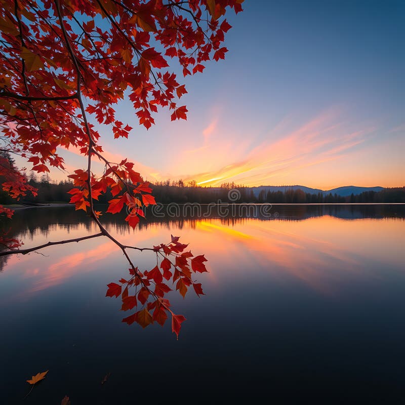 Autumn Leaves Reflected on Lake at Sunrise Stock Illustration ...