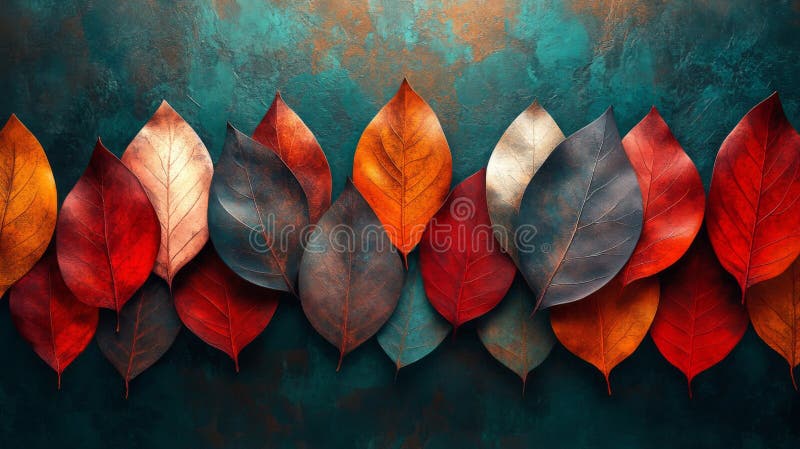 Autumn Leaves Row on Teal Background Stock Illustration - Illustration ...