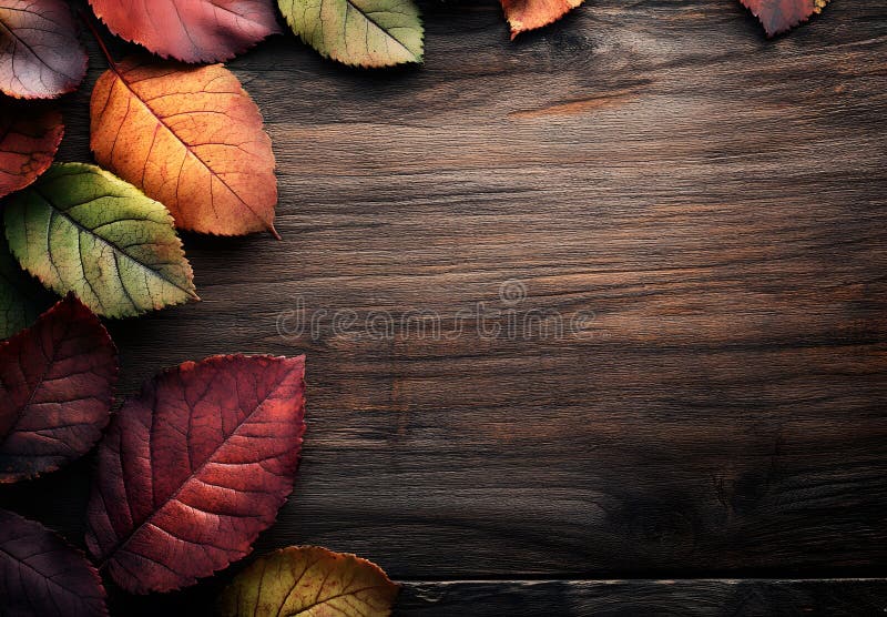 Autumn Leaves on Rustic Wooden Tabletop Background Stock Illustration ...
