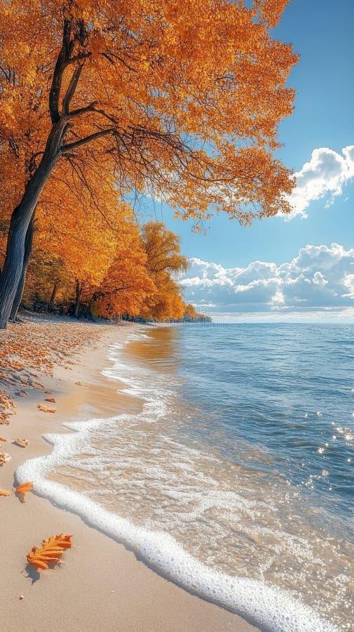 Autumn Leaves on a Sandy Beach with Waves and Blue Sky - Realistic ...