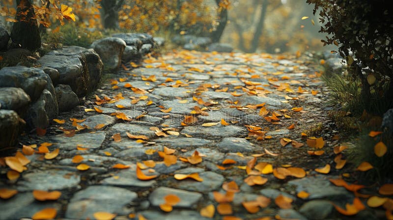 Autumn Leaves Scattered Across a Stone Pathway. Stock Image - Image of ...