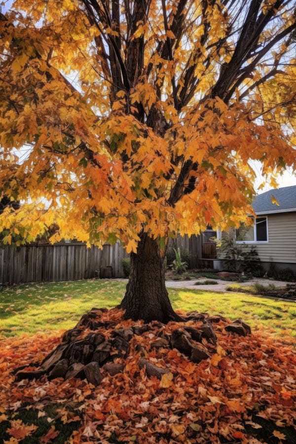 Autumn Leaves Scattered Around Base of Large Backyard Tree Stock ...