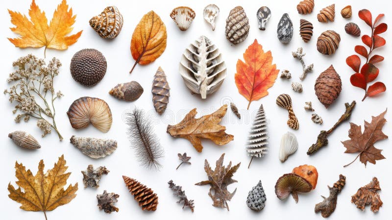 Autumn Leaves and Seashells Display Against White Background for Nature ...