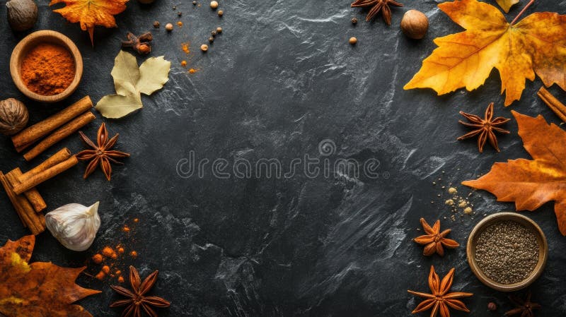 Autumn Leaves and Spices on a Black Background, AI Stock Photo - Image ...