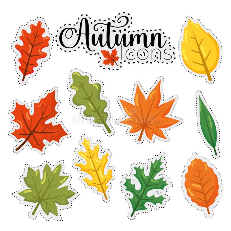 Autumn Leaves Stickers Icons Set Vector Stock Vector - Illustration of ...