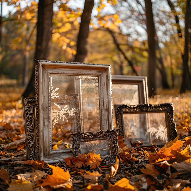 Autumn Leaves Surround Antique Frames with Etched Designs in a Forest ...
