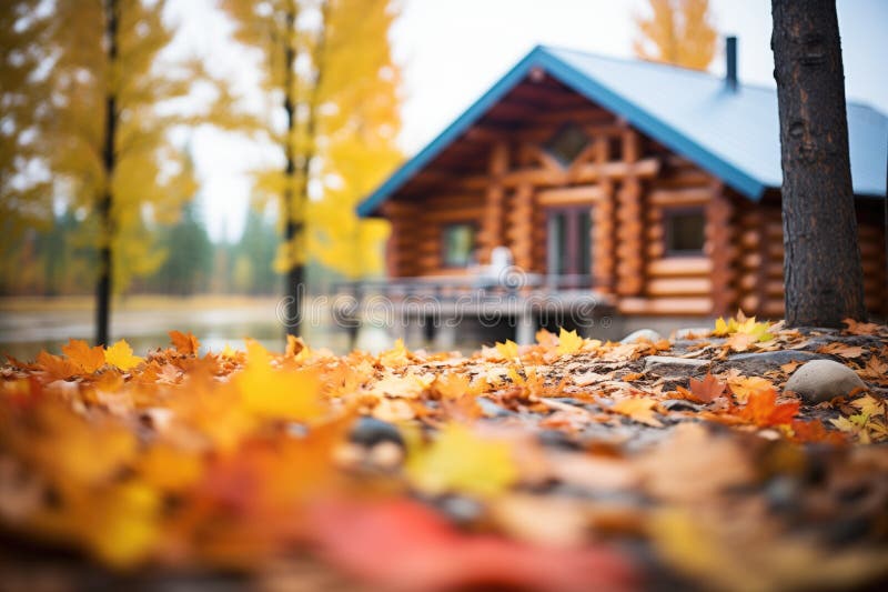Autumn Leaves Surrounding a Secluded Log Cabin Stock Image - Image of ...