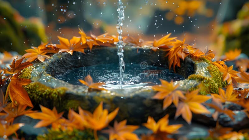 Autumn Leaves Surrounding Small Stone Water Feature - 3d Illustration ...