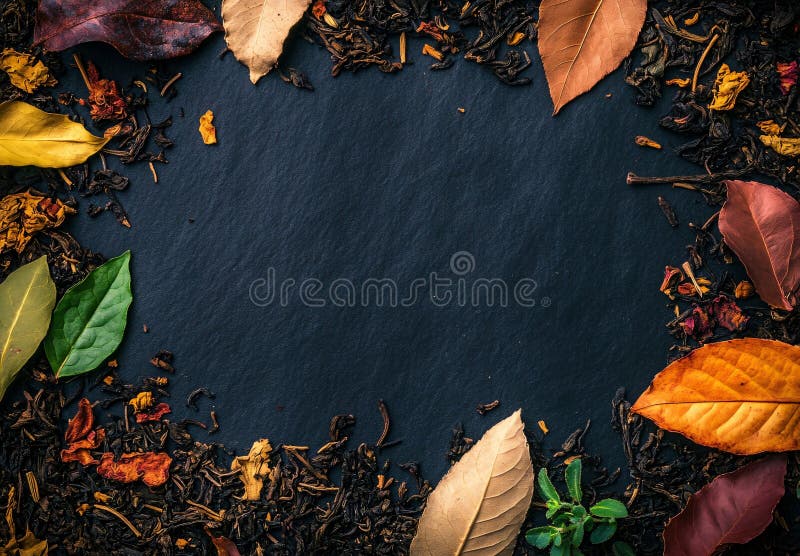 Autumn Leaves and Tea Frame Black Background High Quality Image Stock ...
