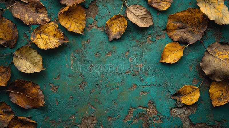 Autumn Leaves on Teal Textured Background Fall Design Stock ...