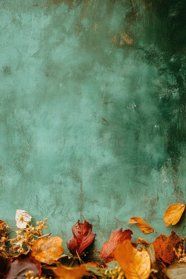 Autumn Leaves on Textured Teal Background: Rustic Fall Image Stock ...