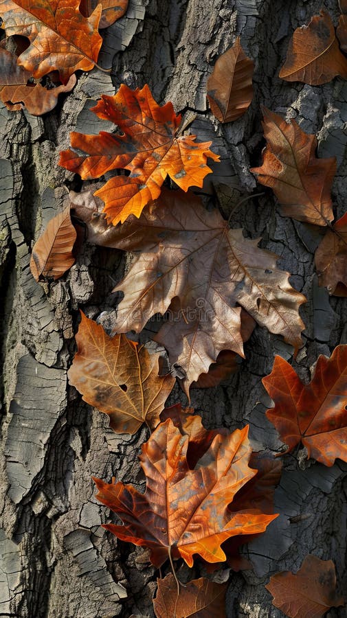 Autumn Leaves on Tree Bark, Close-up. Natural Textures and Fall Season ...