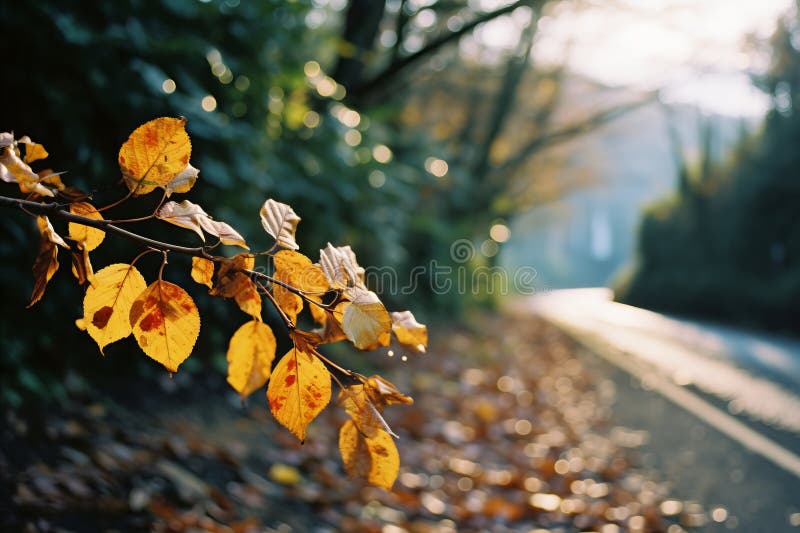 Autumn Leaves on a Tree Branch on the Side of the Road Stock ...