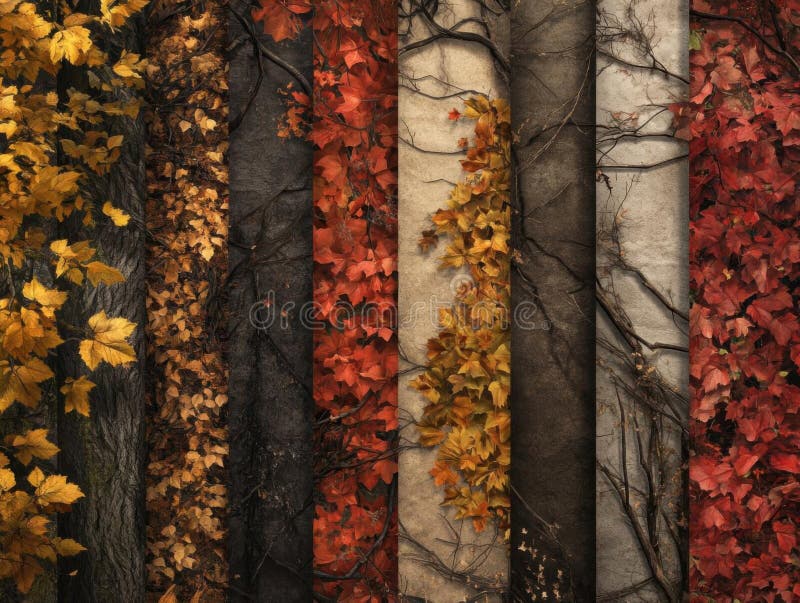 Autumn Leaves, Vibrant Fall Foliage Textures on Tree Bark, Ground and ...