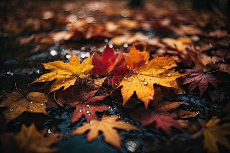 Autumn Leaves with Water Drops. Ai Generative Stock Illustration ...