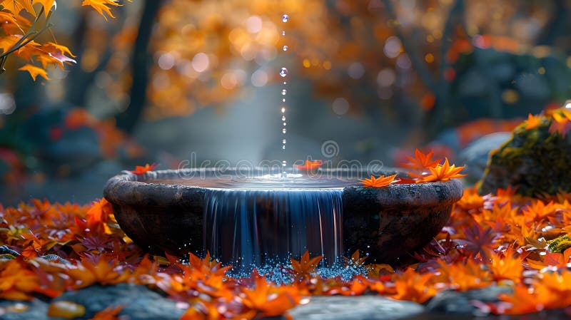Autumn Leaves and Waterfall in Stone Basin 3D Illustration Stock ...