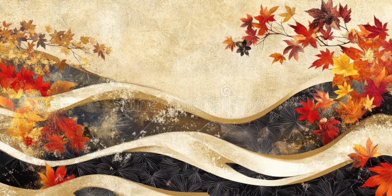 Autumn Leaves and Waves in Japanese Art Style Stock Illustration ...
