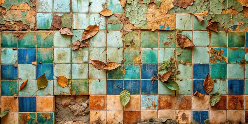Autumn Leaves on a Weathered Tile Wall Featuring a Distressed, Rustic ...