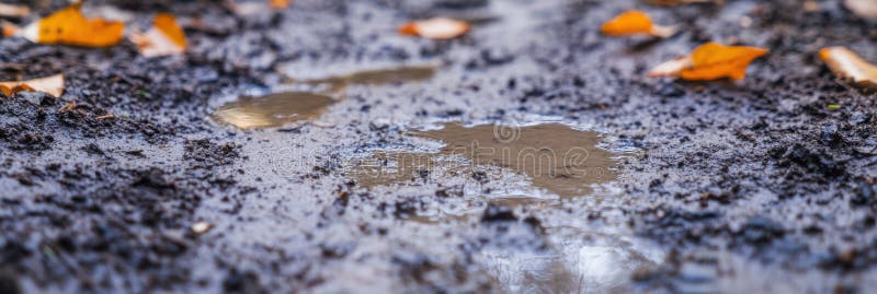 Autumn Leaves on Wet Muddy Ground with Reflections in Puddle Surface ...