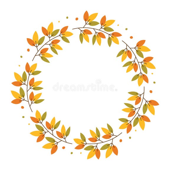 Autumn Leaves Wreath. Fall Bright Round Frame with Hand Drawn Branches ...