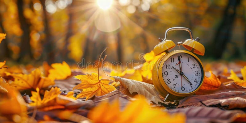 Autumn Leaves and a Yellow Alarm Clock Stock Image - Image of clock ...
