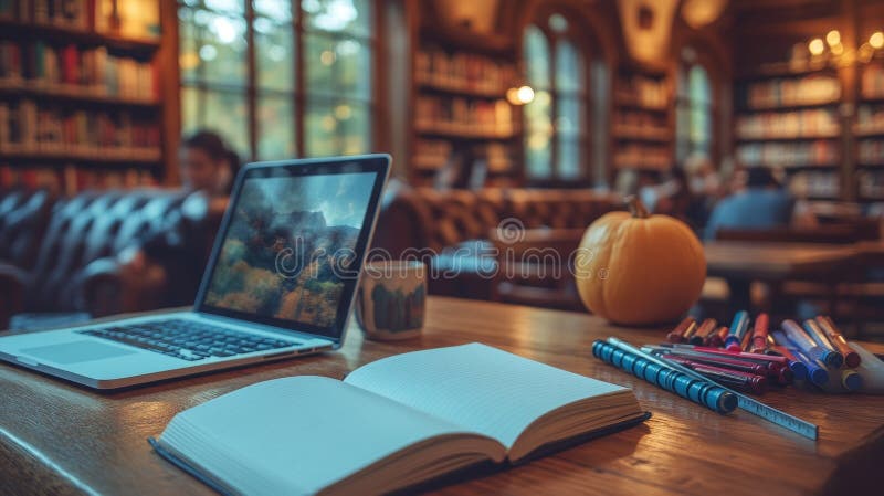 Autumn Library Laptop Study Desk Stock Illustration - Illustration of ...