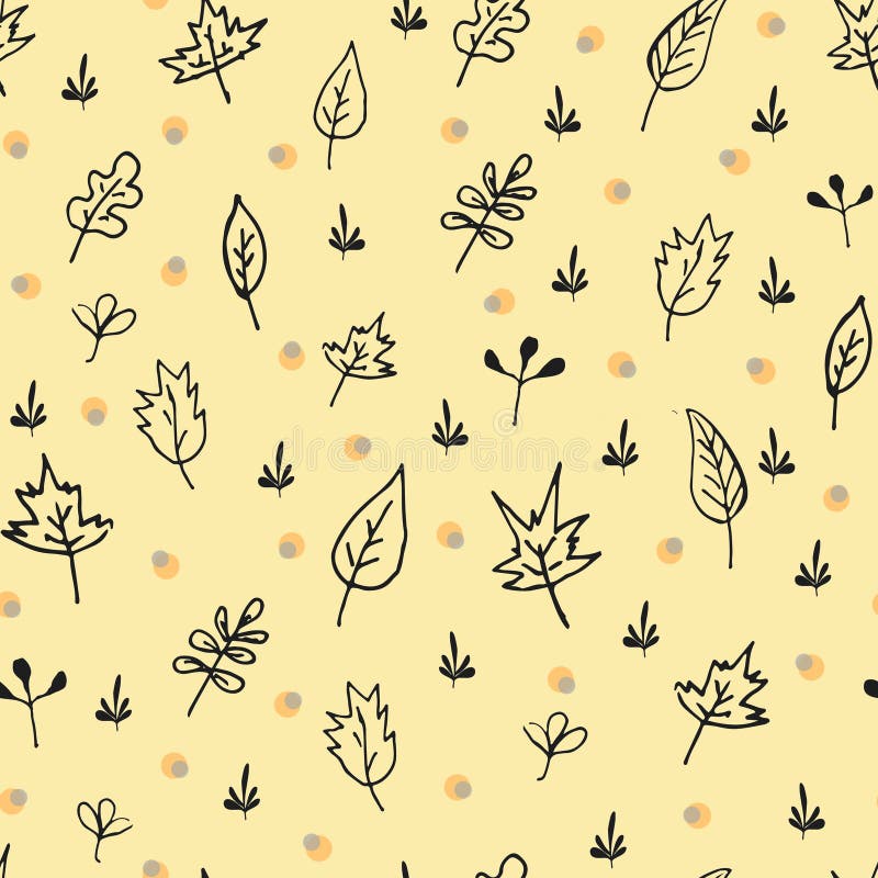 Autumn Line Art Leaves on Yellow Background Seamless Pattern Stock ...