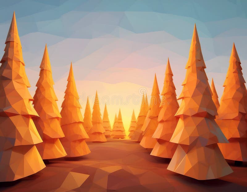Autumn Low Poly Pine Forest at Sunrise: Tall Triangular Trees Casting ...