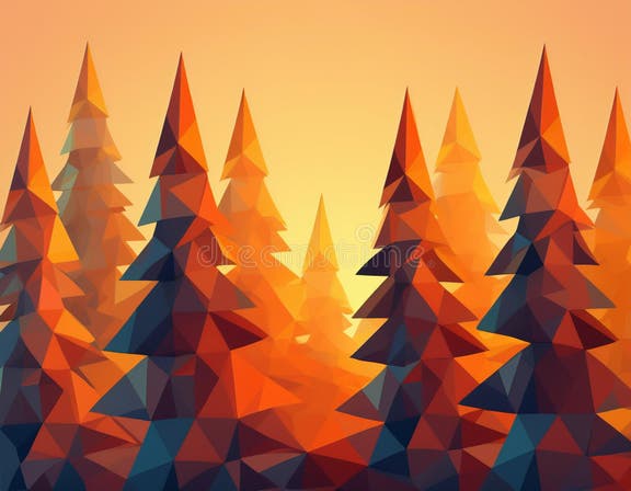 Autumn Low Poly Pine Forest at Sunrise: Tall Triangular Trees Casting ...