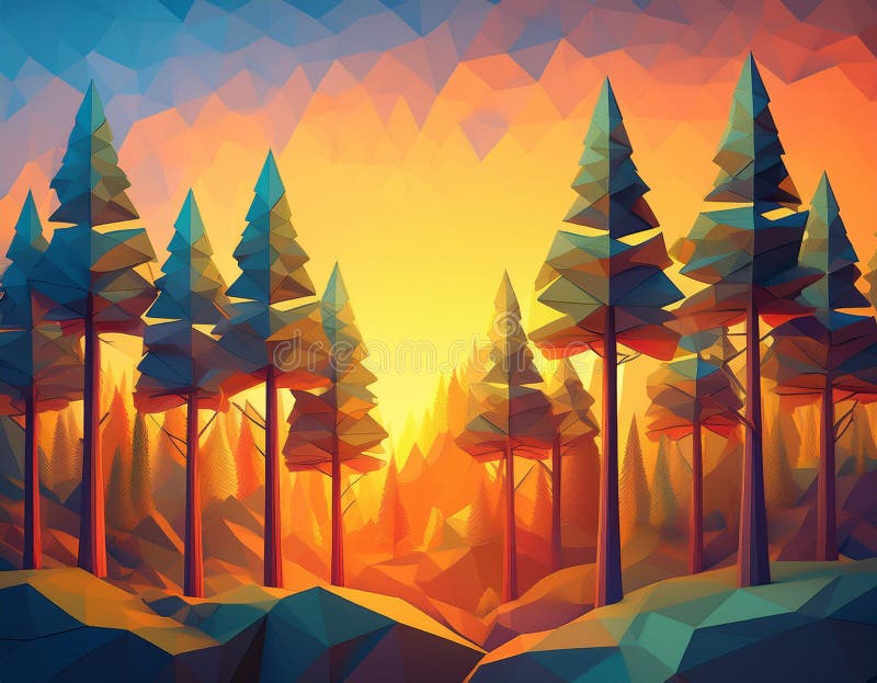 Autumn Low Poly Pine Forest at Sunrise: Tall Triangular Trees Casting ...