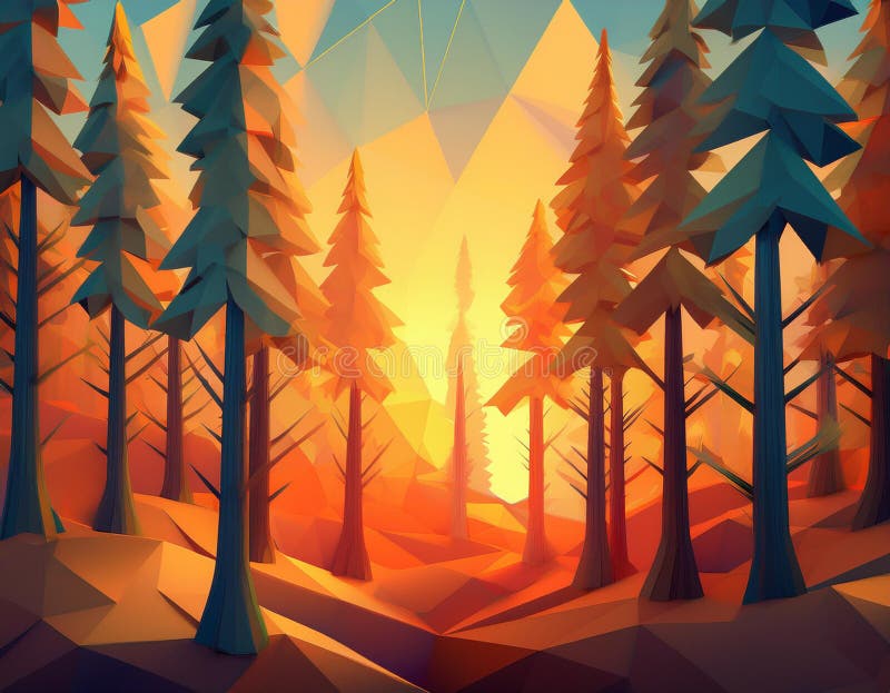 Autumn Low Poly Pine Forest at Sunrise: Tall Triangular Trees Casting ...