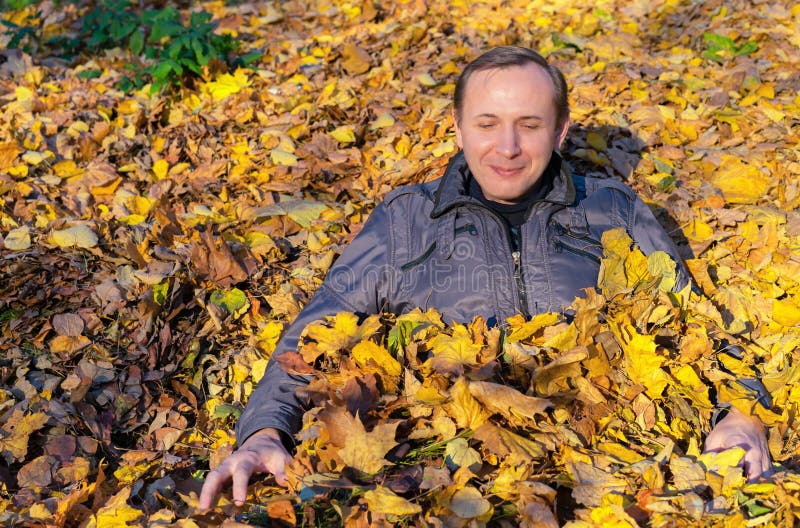 Autumn. a Man Lies in Autumn Foliage Stock Photo - Image of portrait ...