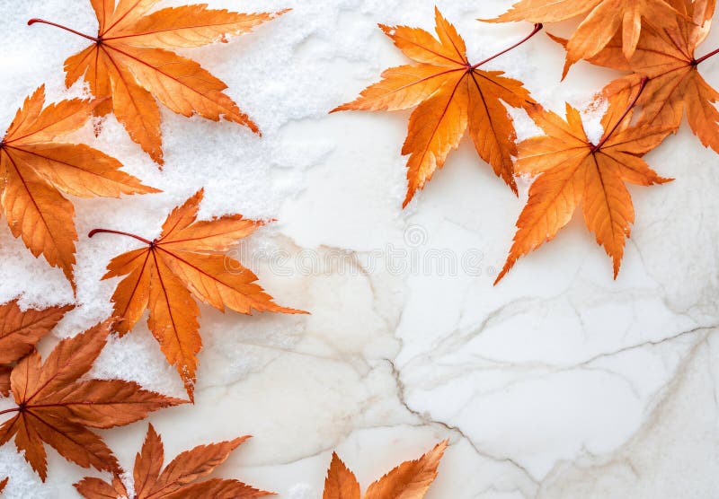 Autumn Maple Leaves on Marble with Snow- Fall High Quality Image Stock ...