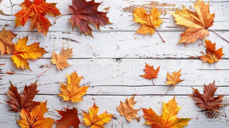 Autumn Maple Leaves on White Wooden Backdrop, Top View with Ample Space ...